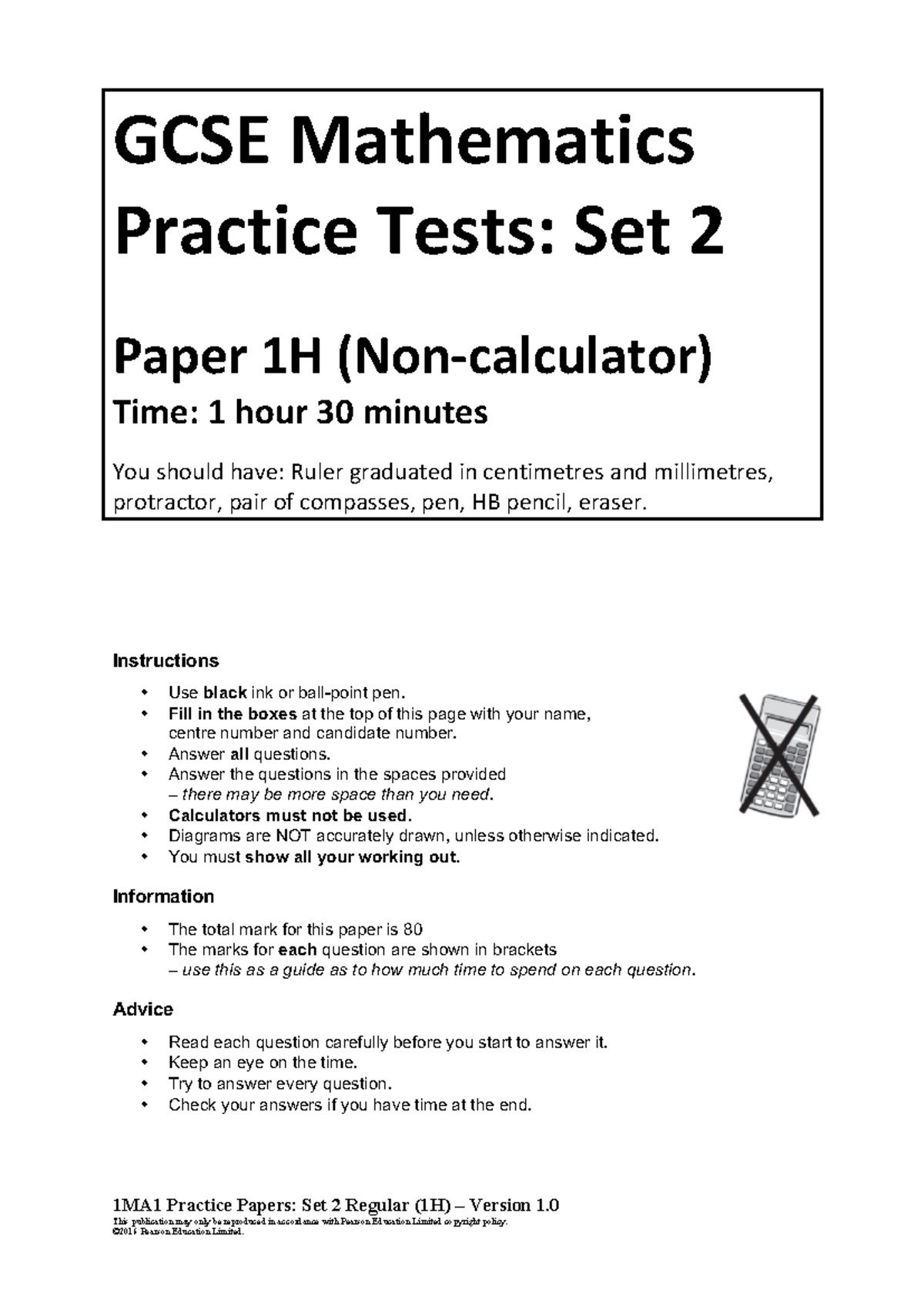 GCSE Maths 1MA1 Practice Paper 1H (Non-calculator) Set 2 QP - Studocu