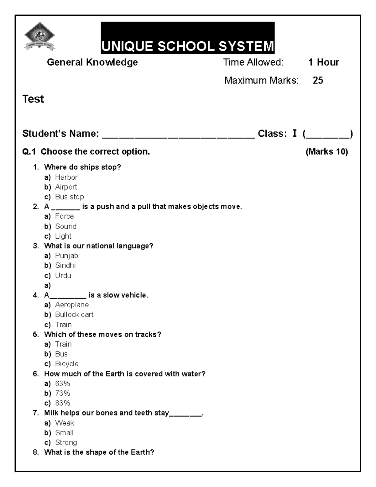 Class Ⅰ General Knowledge Test - Unique School System - Studocu