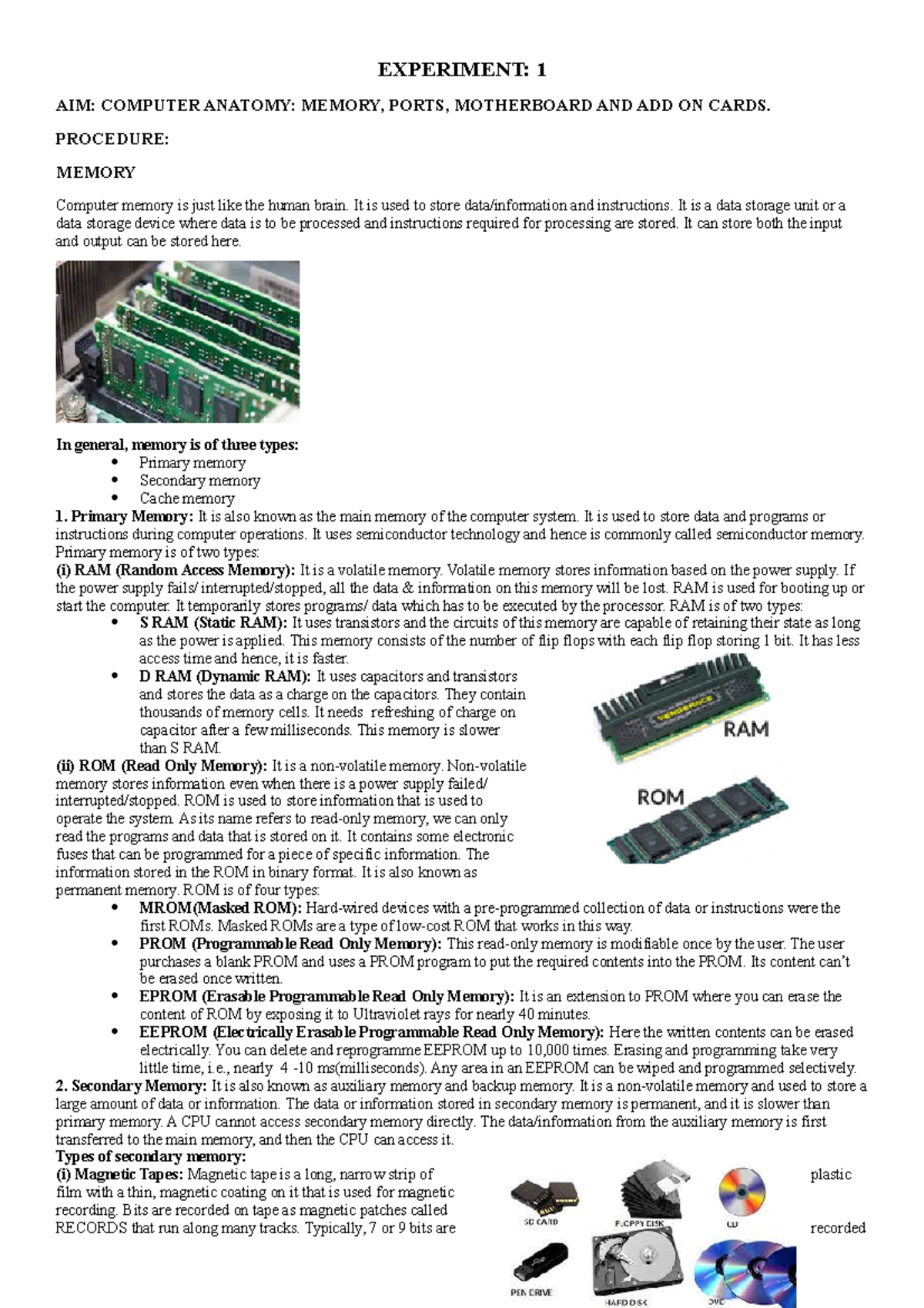 Coa 101: Experiment 1 - Computer Anatomy: Memory & Motherboard - Studocu
