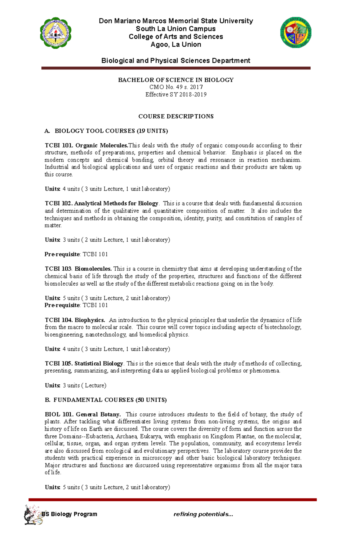 Course descriptions of BS Biology subjects - South La Union Campus ...