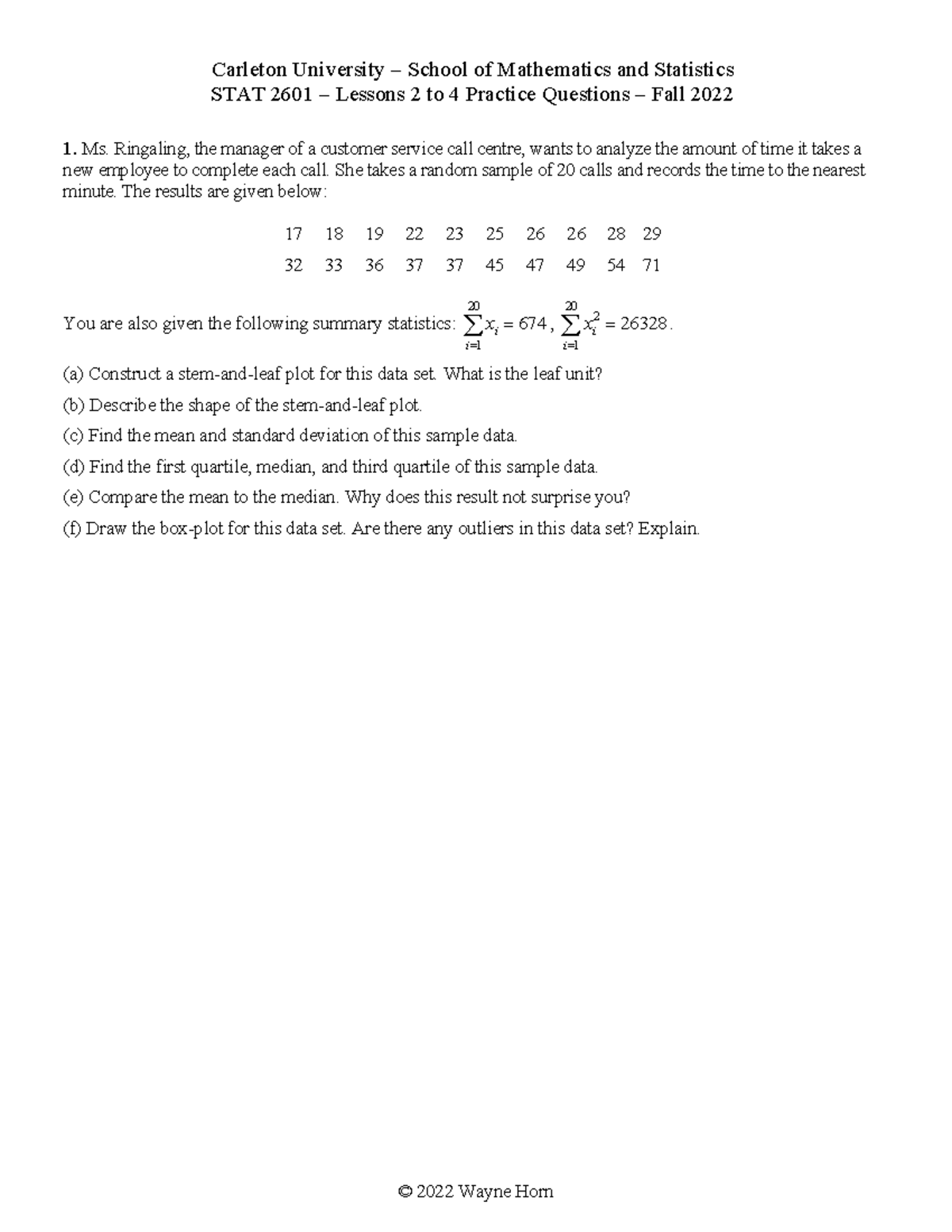 STAT 2601 Fall 2022 Lessons 2-4 Practice Questions Analysis - Studocu