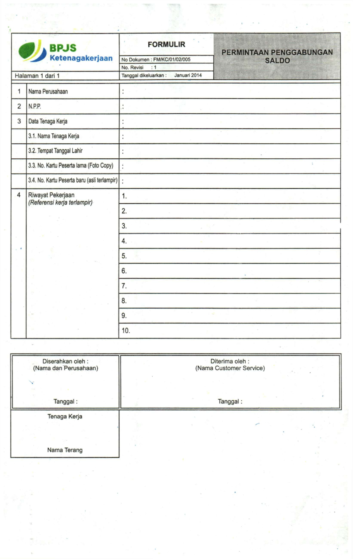 Formulir Permintaan Penggabungan Saldo BPJS Ketenagakerjaan - Studocu