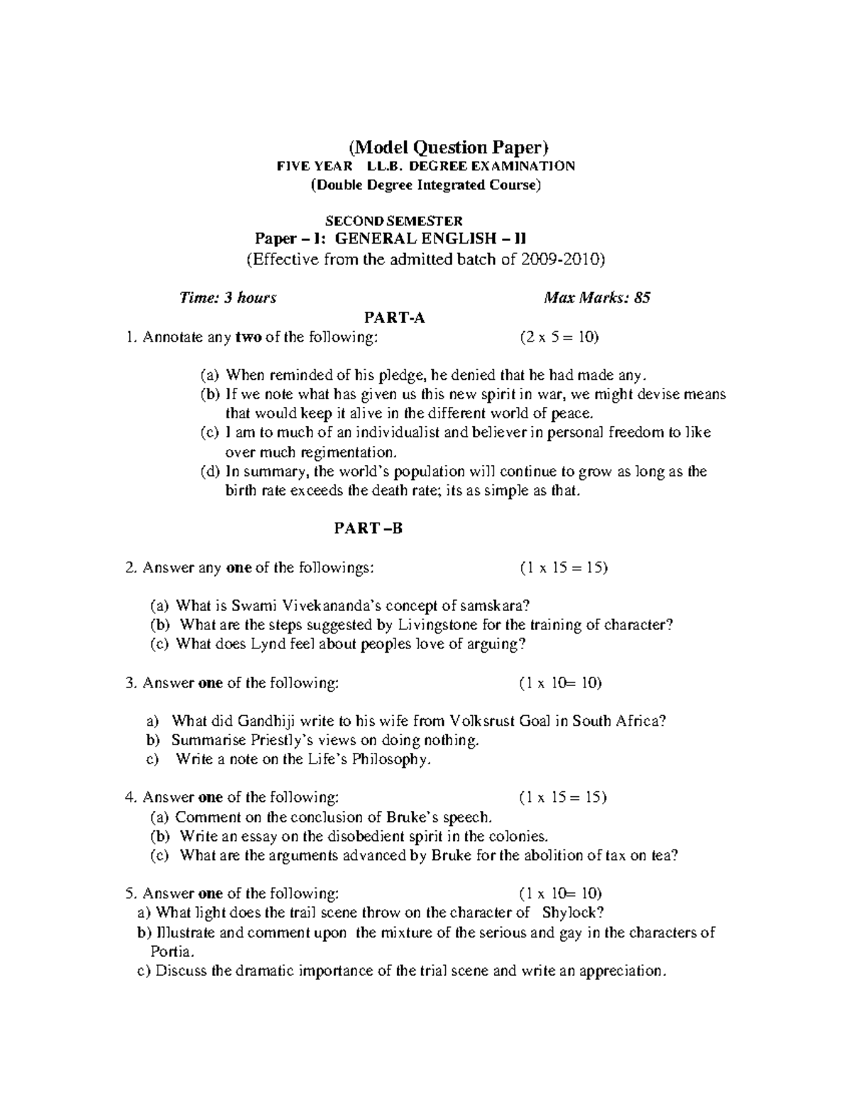 Model Question Paper: 5 Year LL.B. Degree Examination - Second Semester ...
