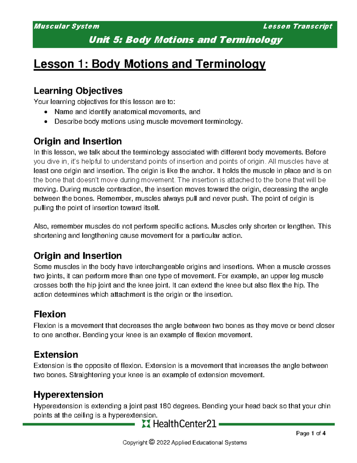 Muscular System: Unit 5 Body Motions & Terminology Lesson Overview ...