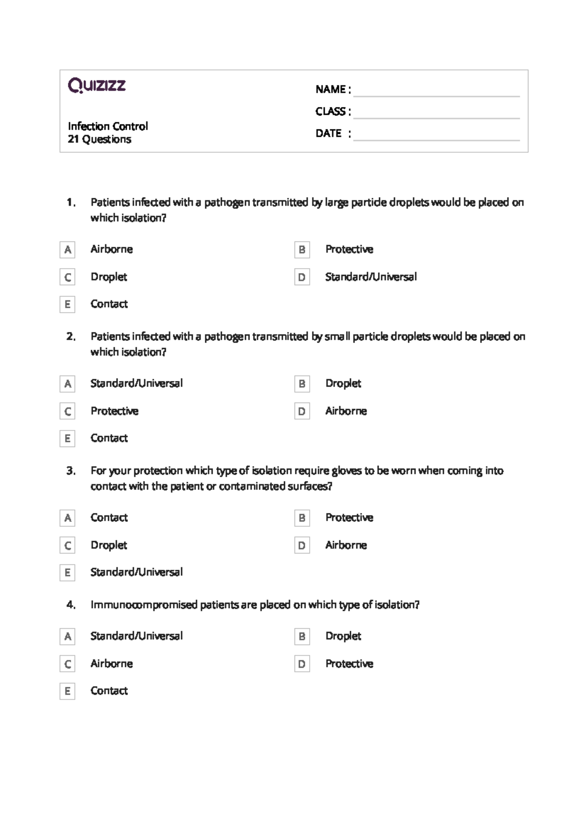 Quiz on Infection Control and Isolation Practices - Studocu