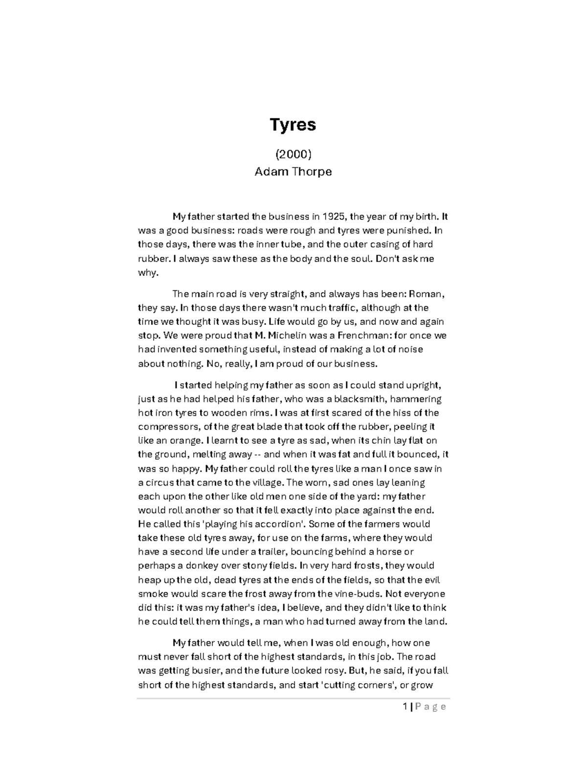 Tyres: A Reflection on the Family Business by Adam Thorpe (2000) - Studocu