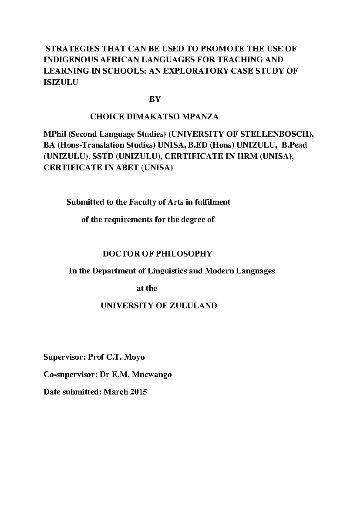 Promoting Indigenous African Languages in Education: A Case Study of ...