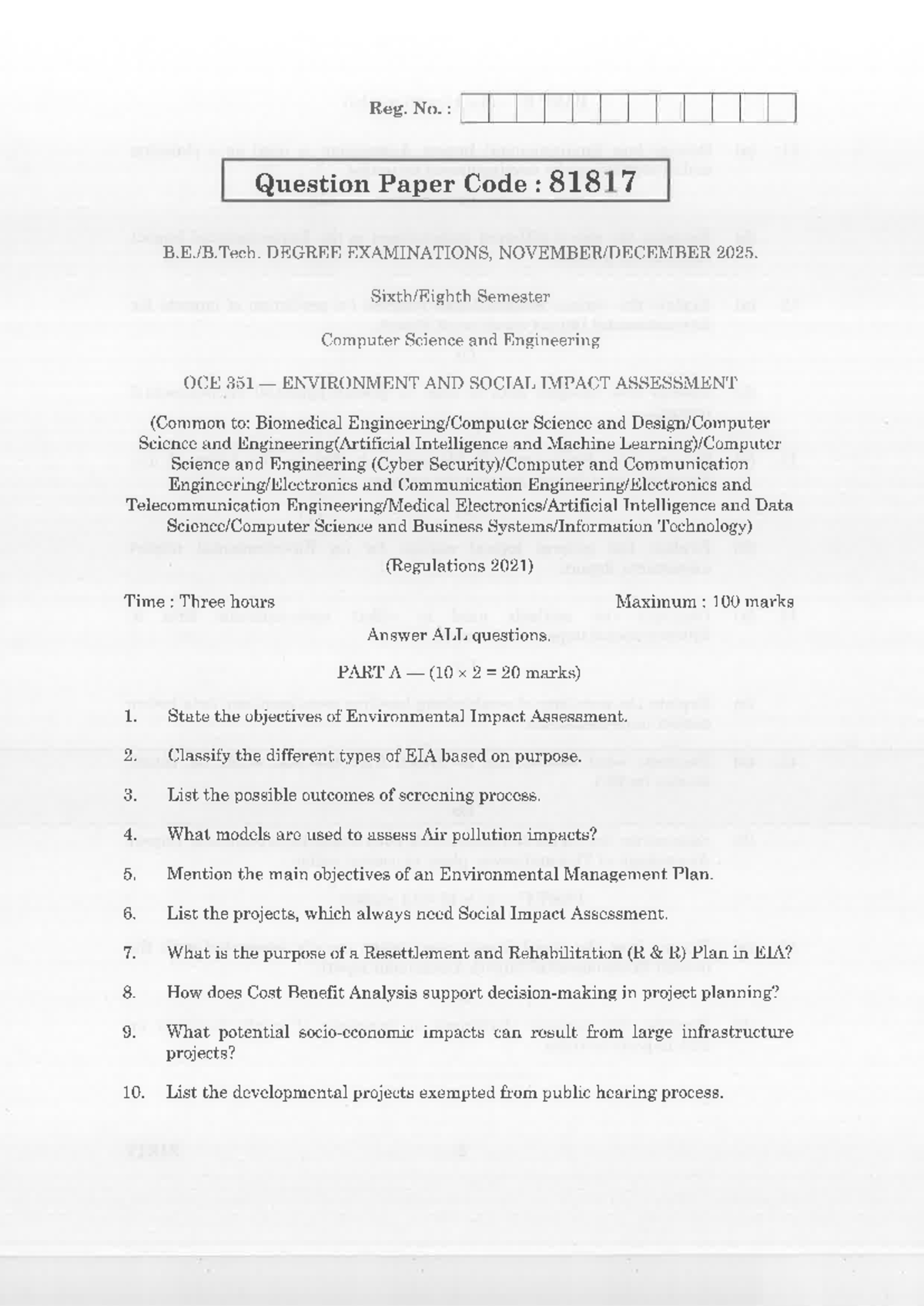 OCE 351 Final Exam Question Paper - Environment & Social Impact ...