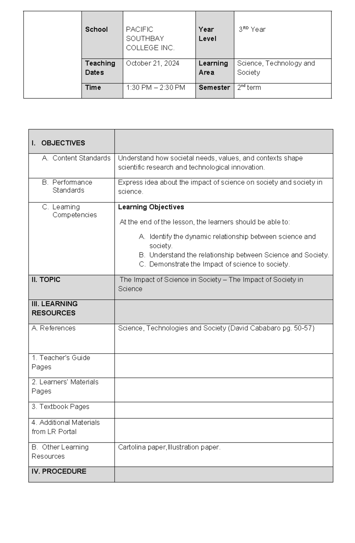 YURI LP - examples of lp - I. OBJECTIVES A. Content Standards Understand how societal needs ...