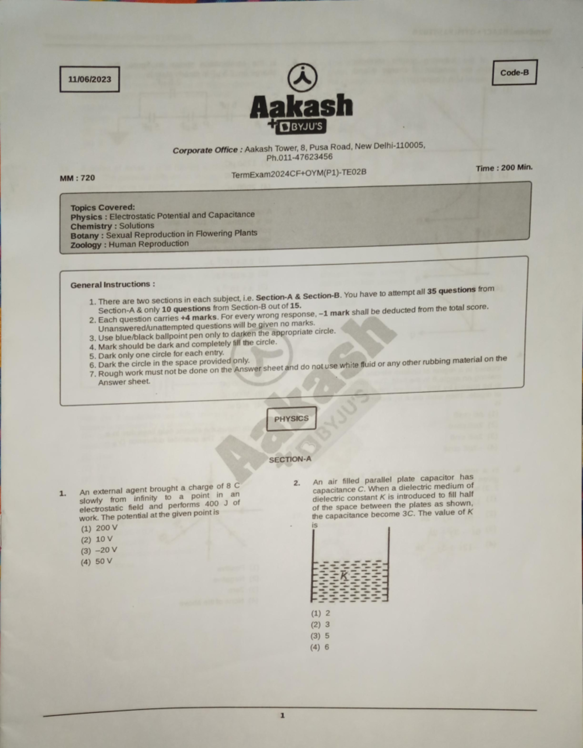 TE - 01 - Exam paper - i Aakash B Corporate Office : Aakash Tower, 8 ...