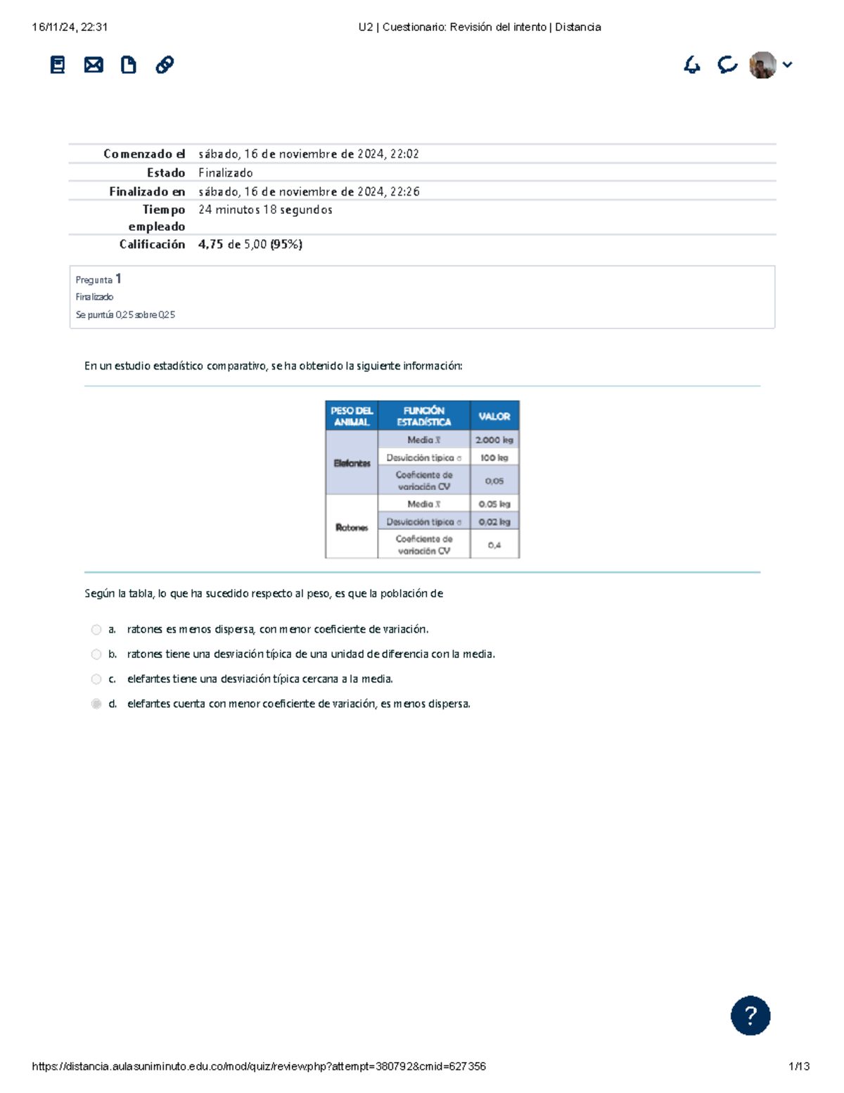 U2 Cuestionario Revisión del Intento Distancia - Intento 2 (95% Score ...