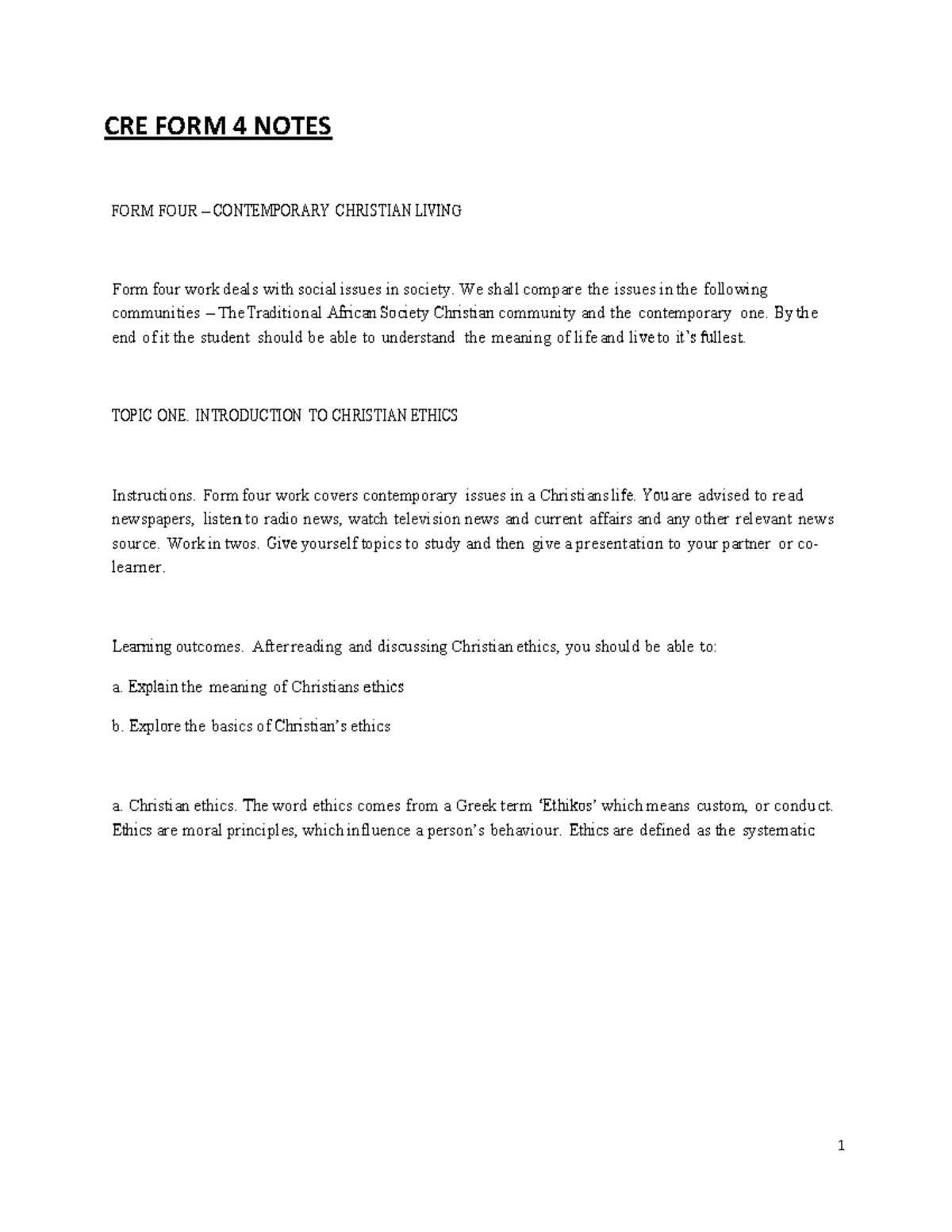 CRE FORM 4 Notes on Christian Ethics and Contemporary Issues - Studocu