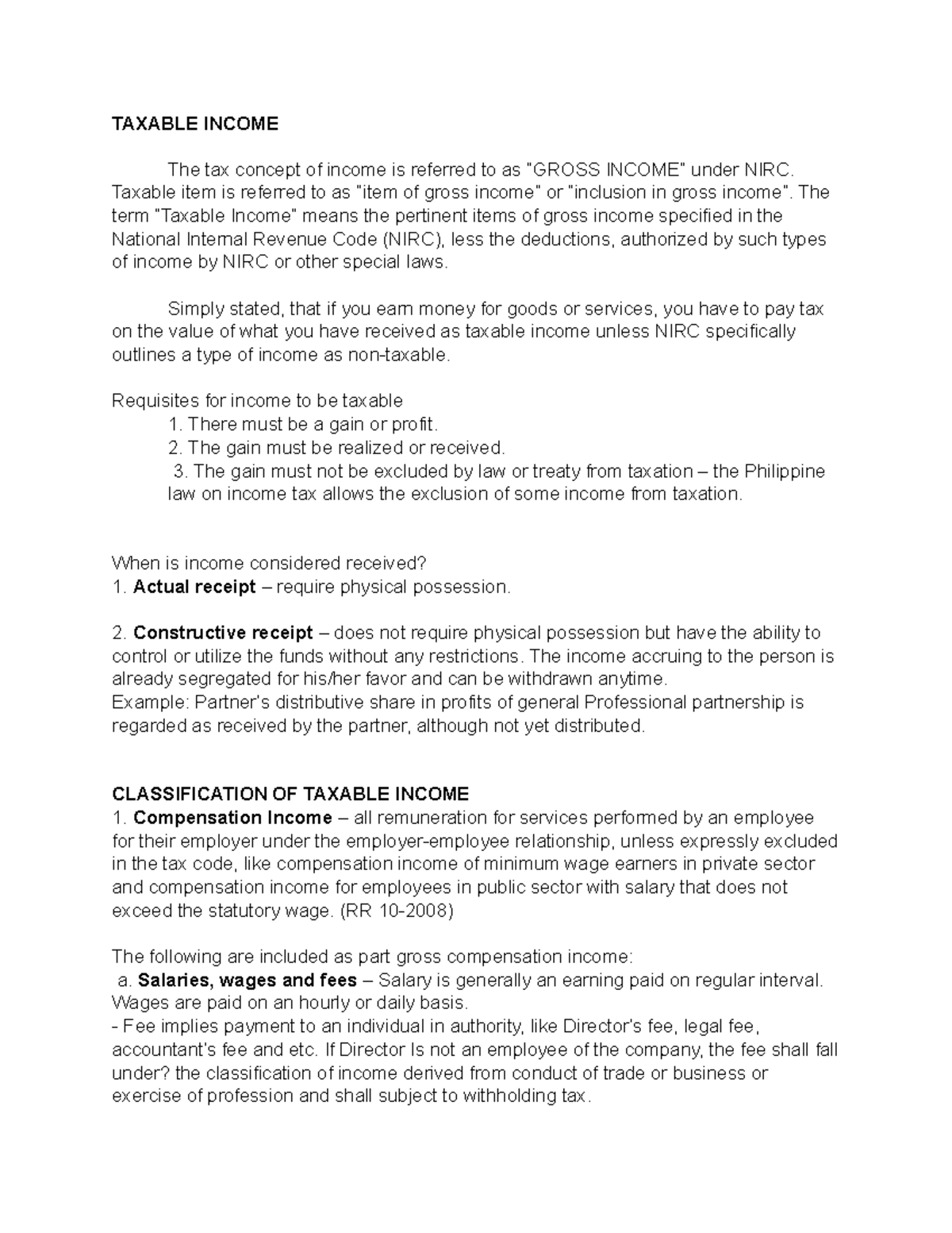 Taxable Income Overview - Notes on NIRC and Classification - Studocu