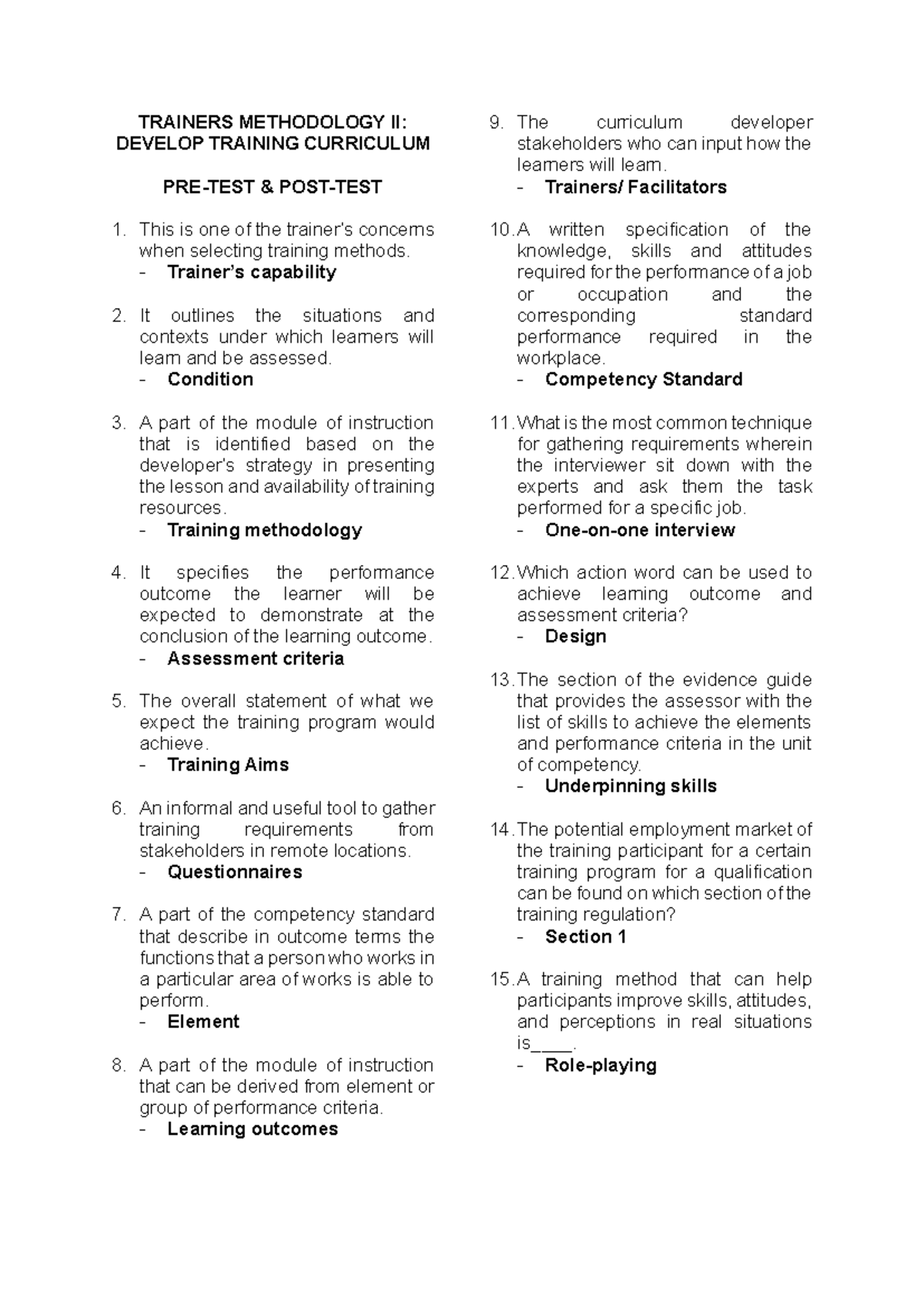 TESDA Trainers Methodology 1 - Compilation of Tests & Curriculum - Studocu