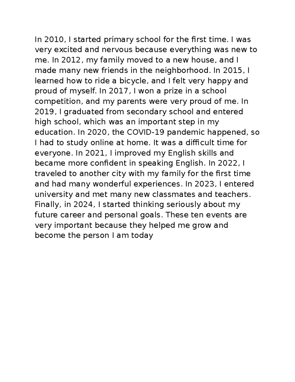 Personal Growth Journey: Key Events from 2010 to 2024 - Studocu