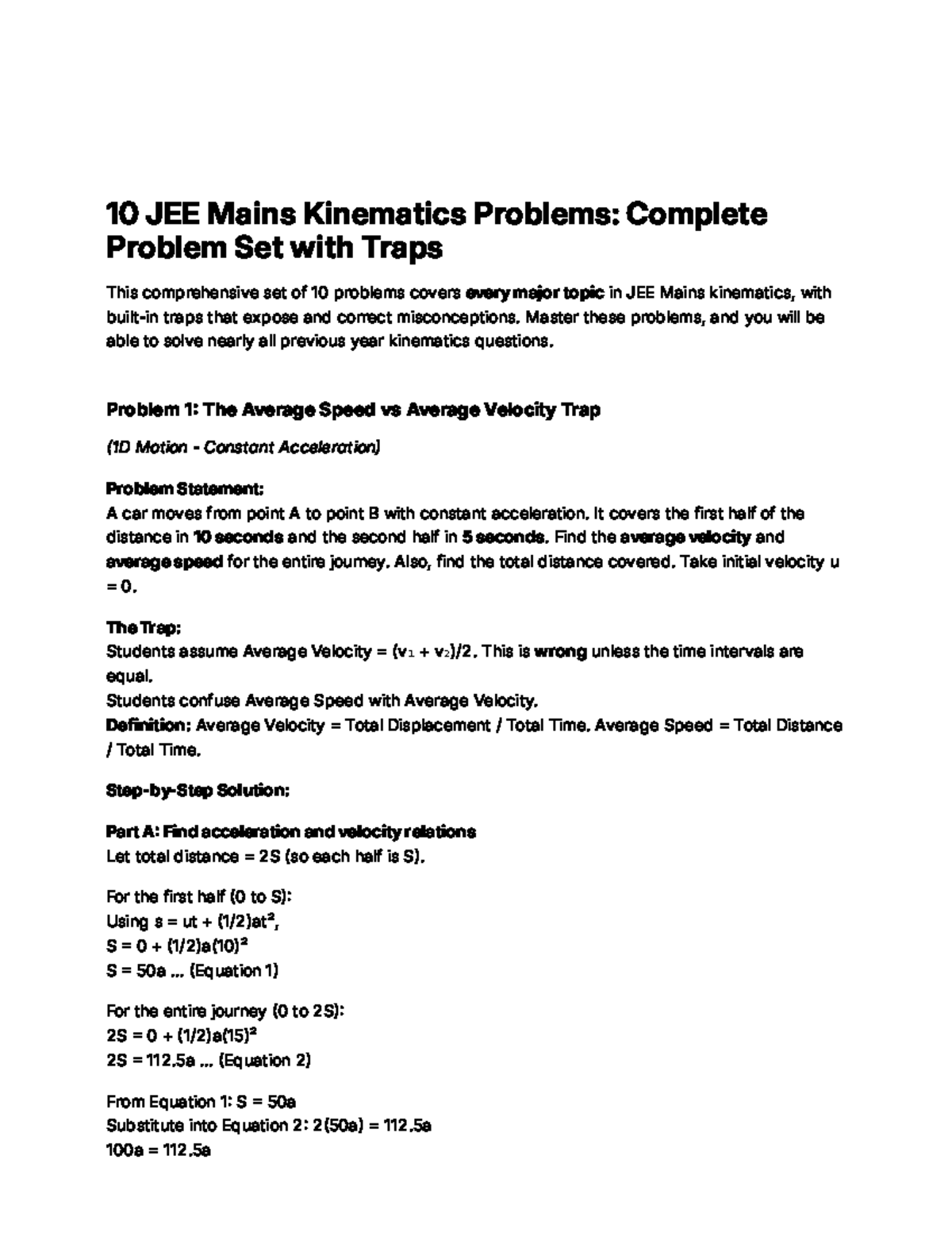 10 JEE Mains Kinematics Problems: Mastering Common Traps - Studocu