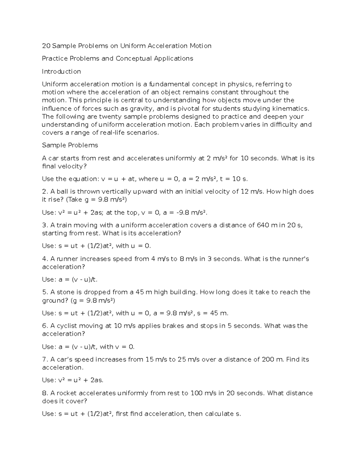 20 Practice Problems on Uniform Acceleration Motion Concepts - Studocu