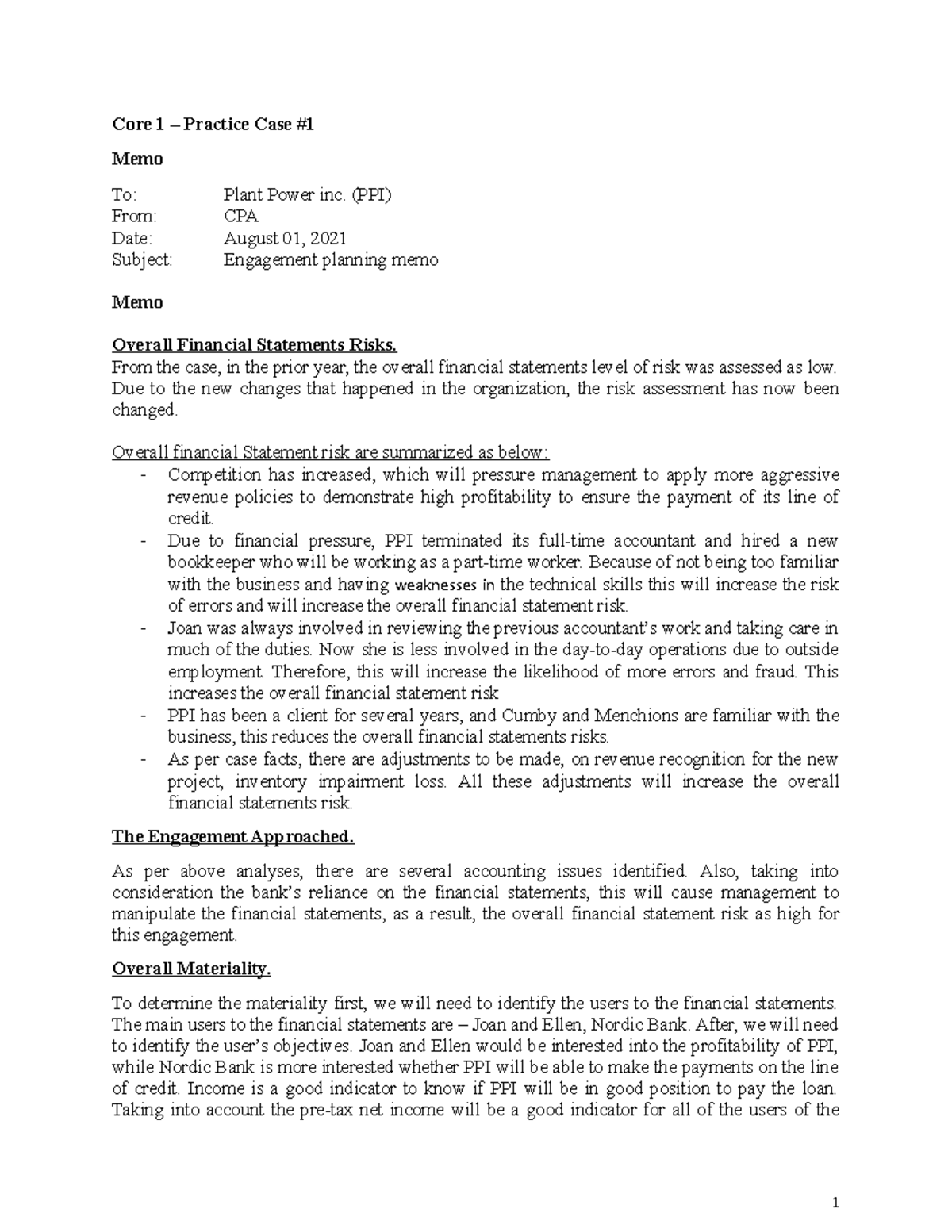 PC01 - Engagement Planning Memo & Financial Risk Analysis - Studocu