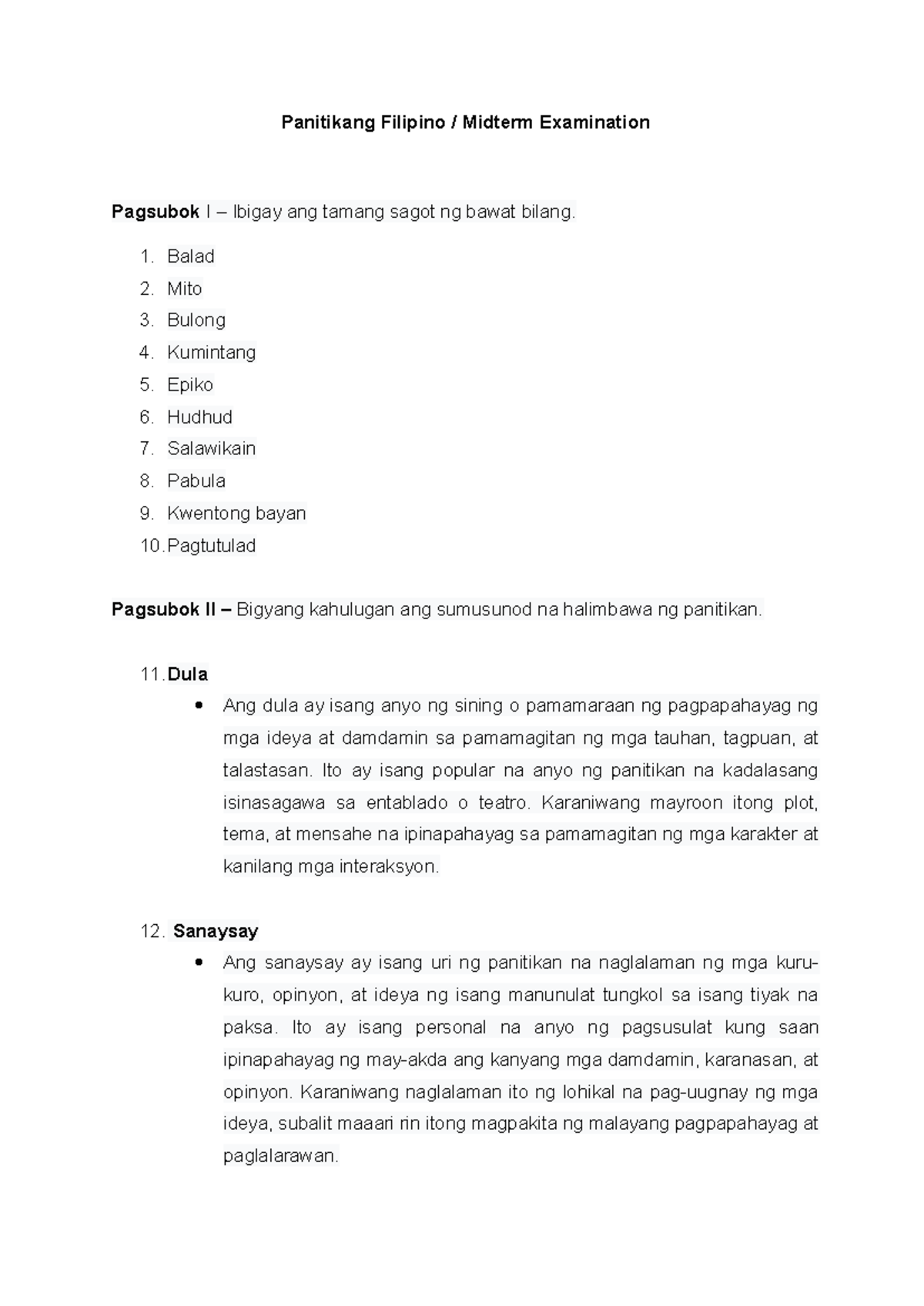 Panitikang Filipino / Midterm Exam Study Guide - Studocu