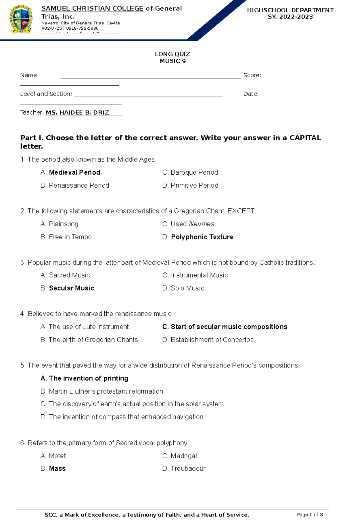 MUSIC 9 Long Quiz Answer KEY & Study Guide for Music Eras - Studocu