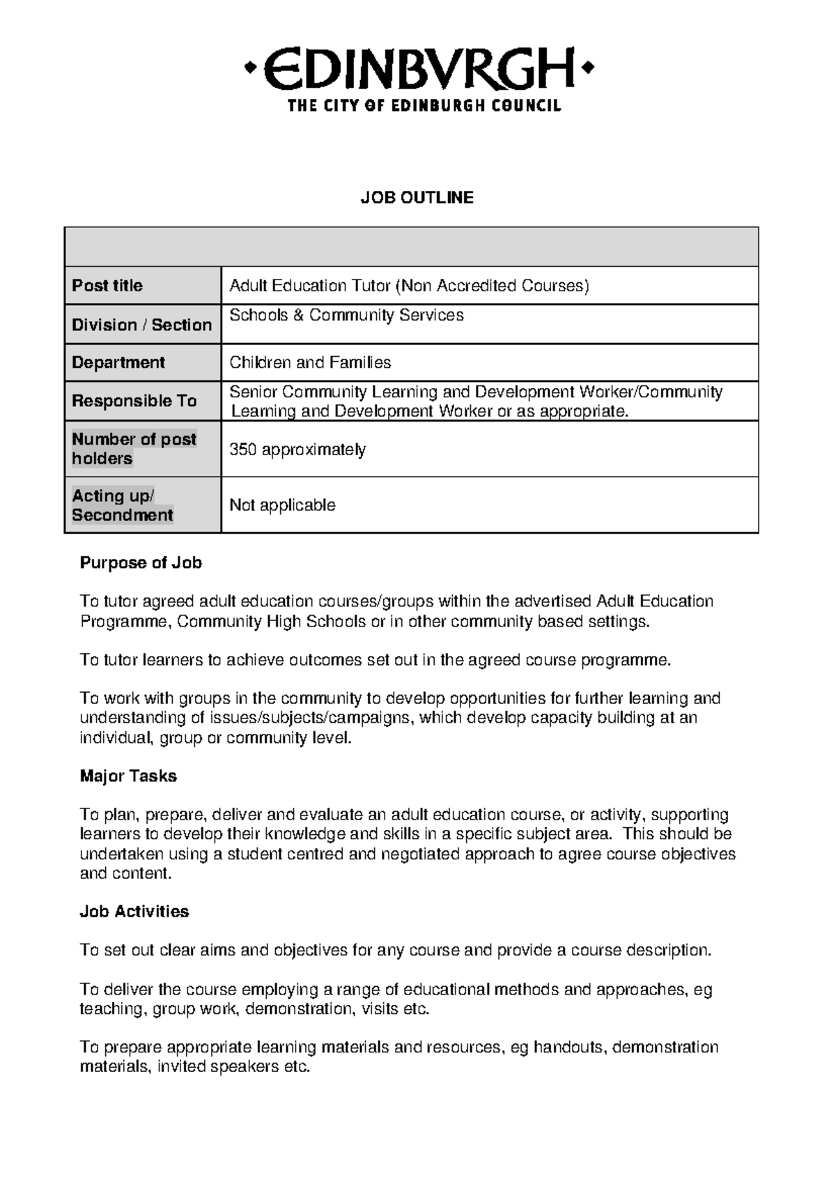 ESOL Tertiary JD: Adult Education Tutor Job Outline and ...