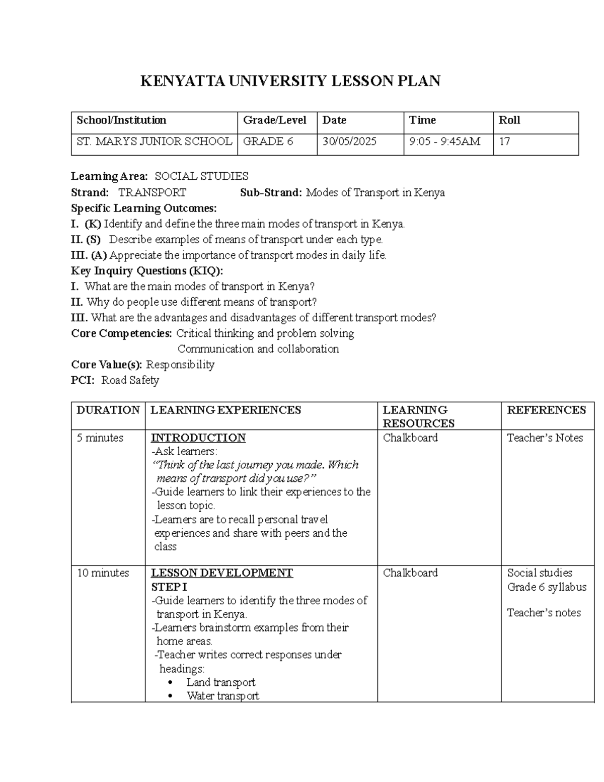 KENYATTA UNIVERSITY GRADE 6 SOCIAL STUDIES LESSON PLAN - Studocu