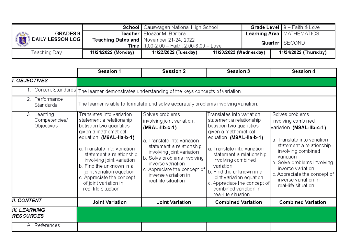 DLL Q2 W3 - n/a - GRADES 9 DAILY LESSON LOG School Causwagan National ...