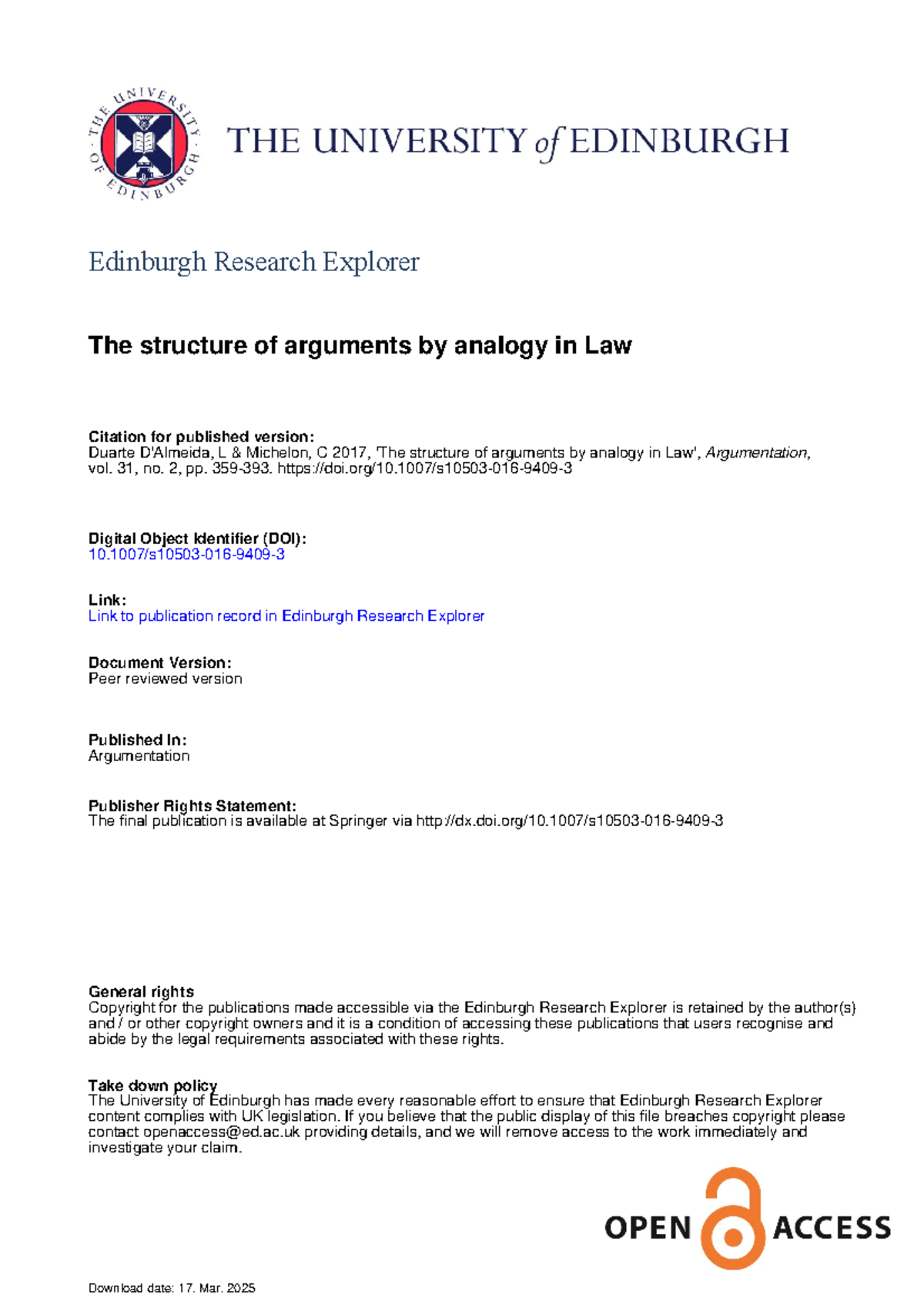 The structure of arguments by analogy in law UTP - Edinburgh Research ...