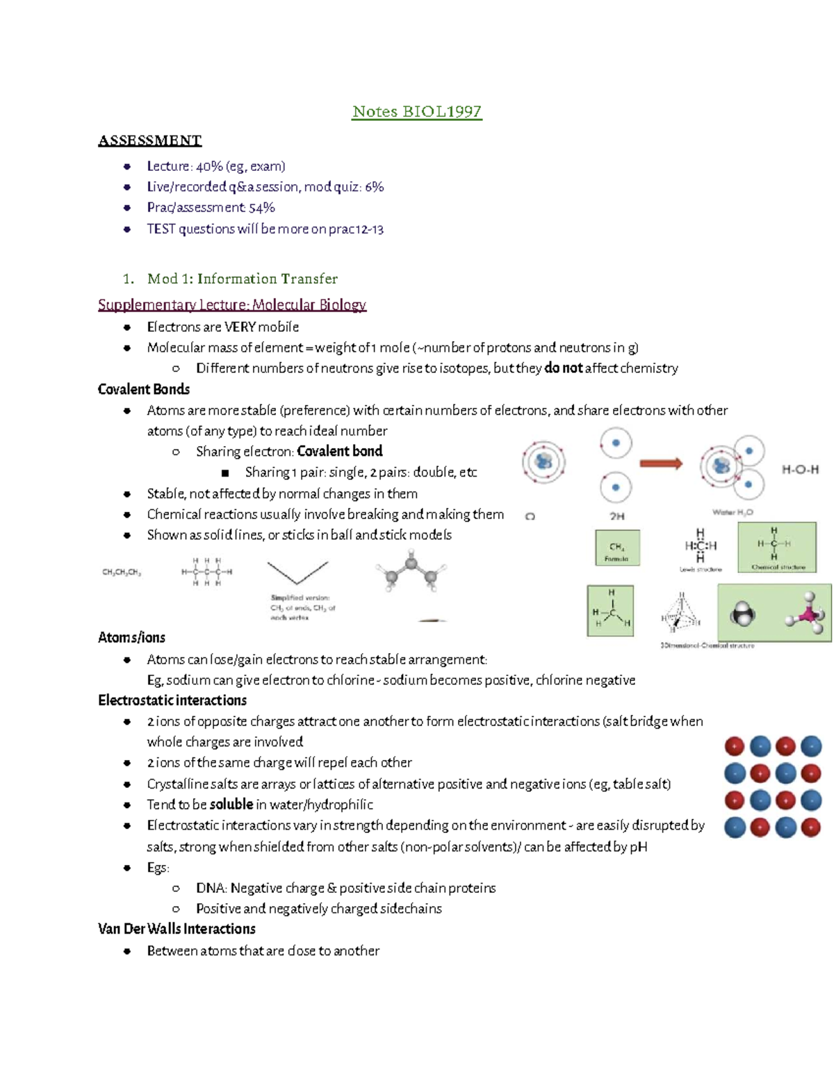 BIOL1997 Lecture Notes: Molecular Biology and Biopolymers Overview ...