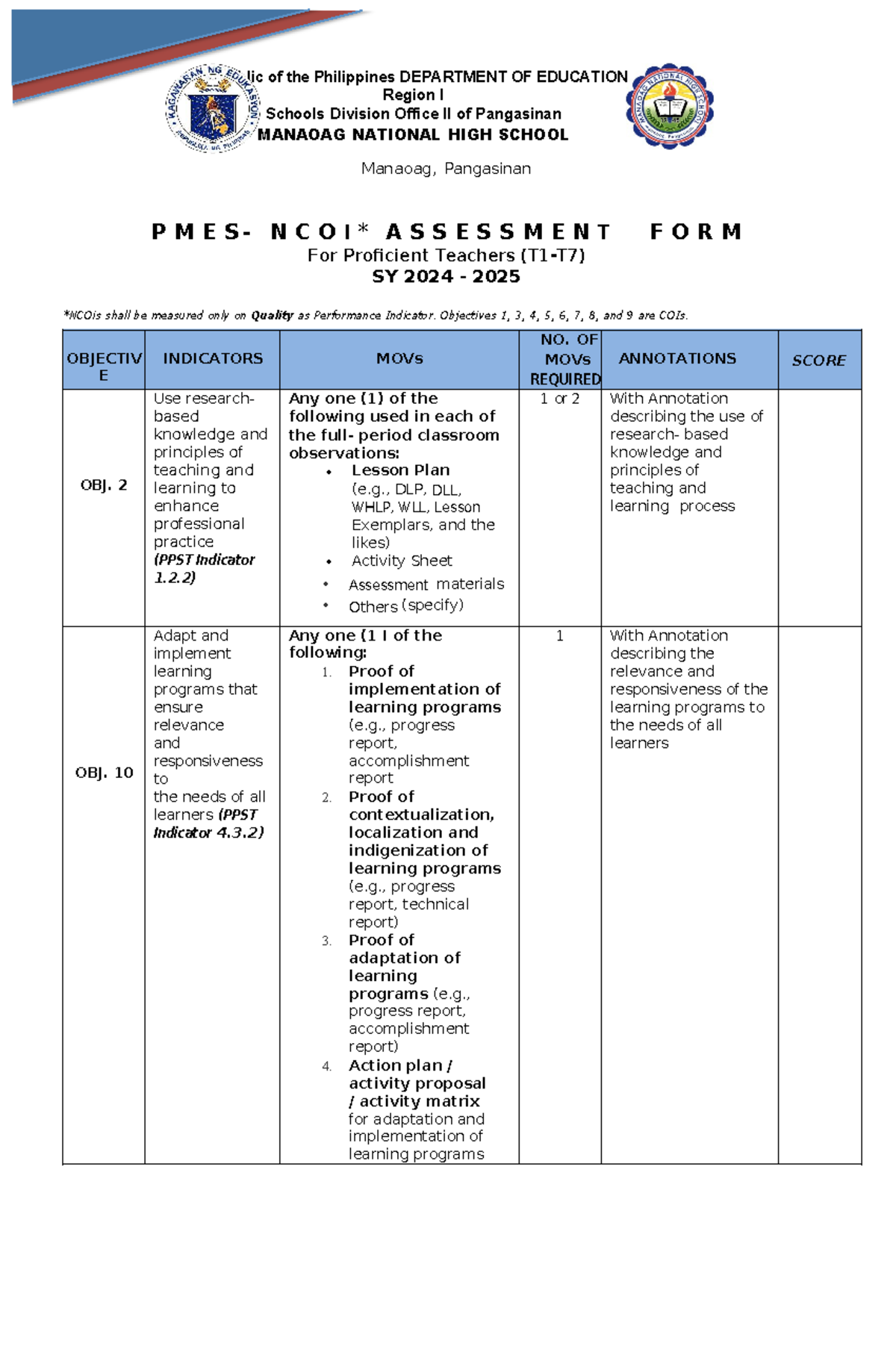 PMES NCOI Assessment Form for Proficient Teachers SY 2024-2025 - Studocu