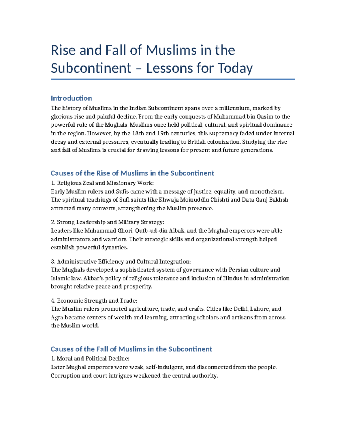Rise and Fall of Muslims in the Subcontinent: Lessons for Today - Studocu
