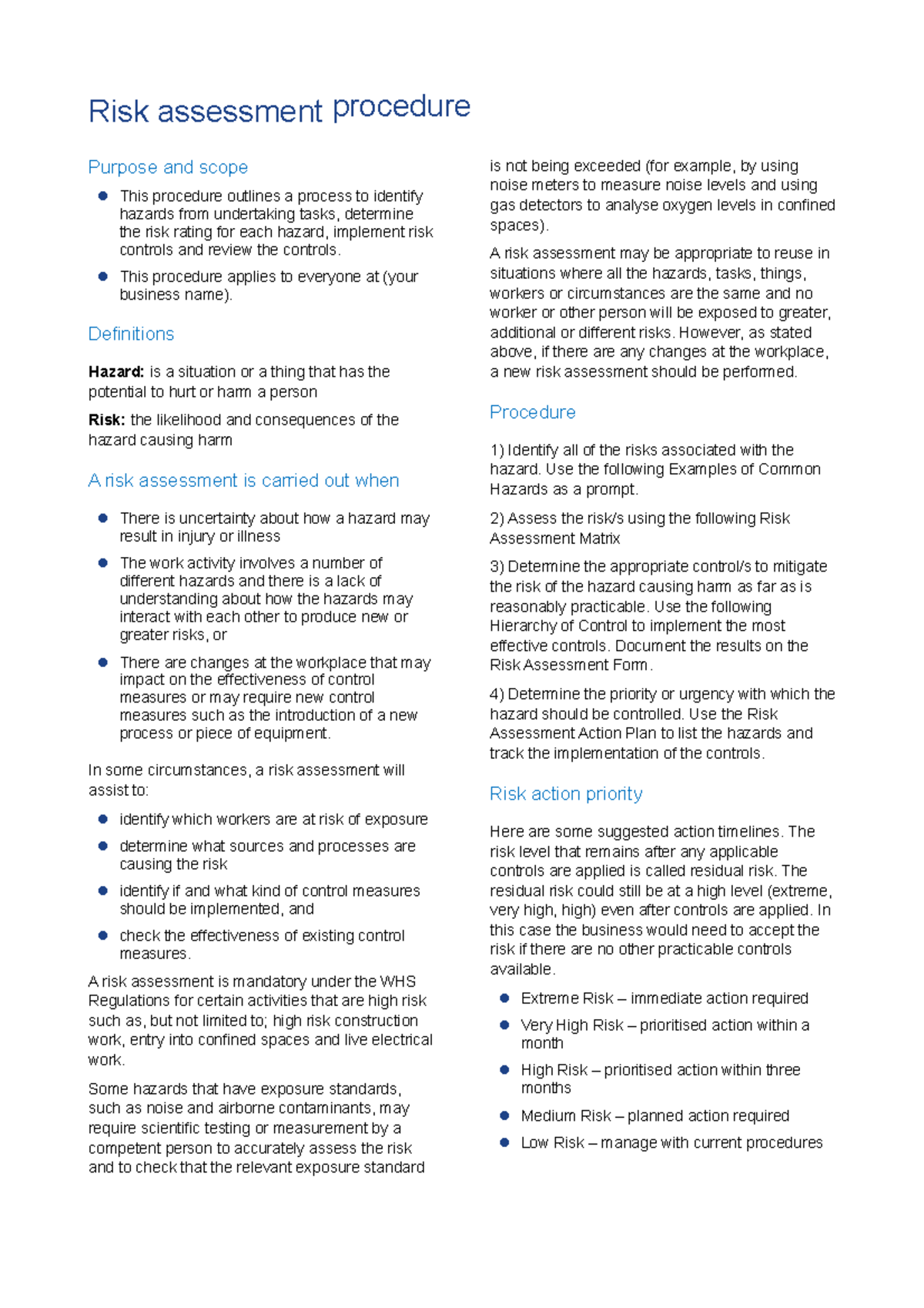 WHS 101: Comprehensive Risk Assessment Procedure Guide - Studocu