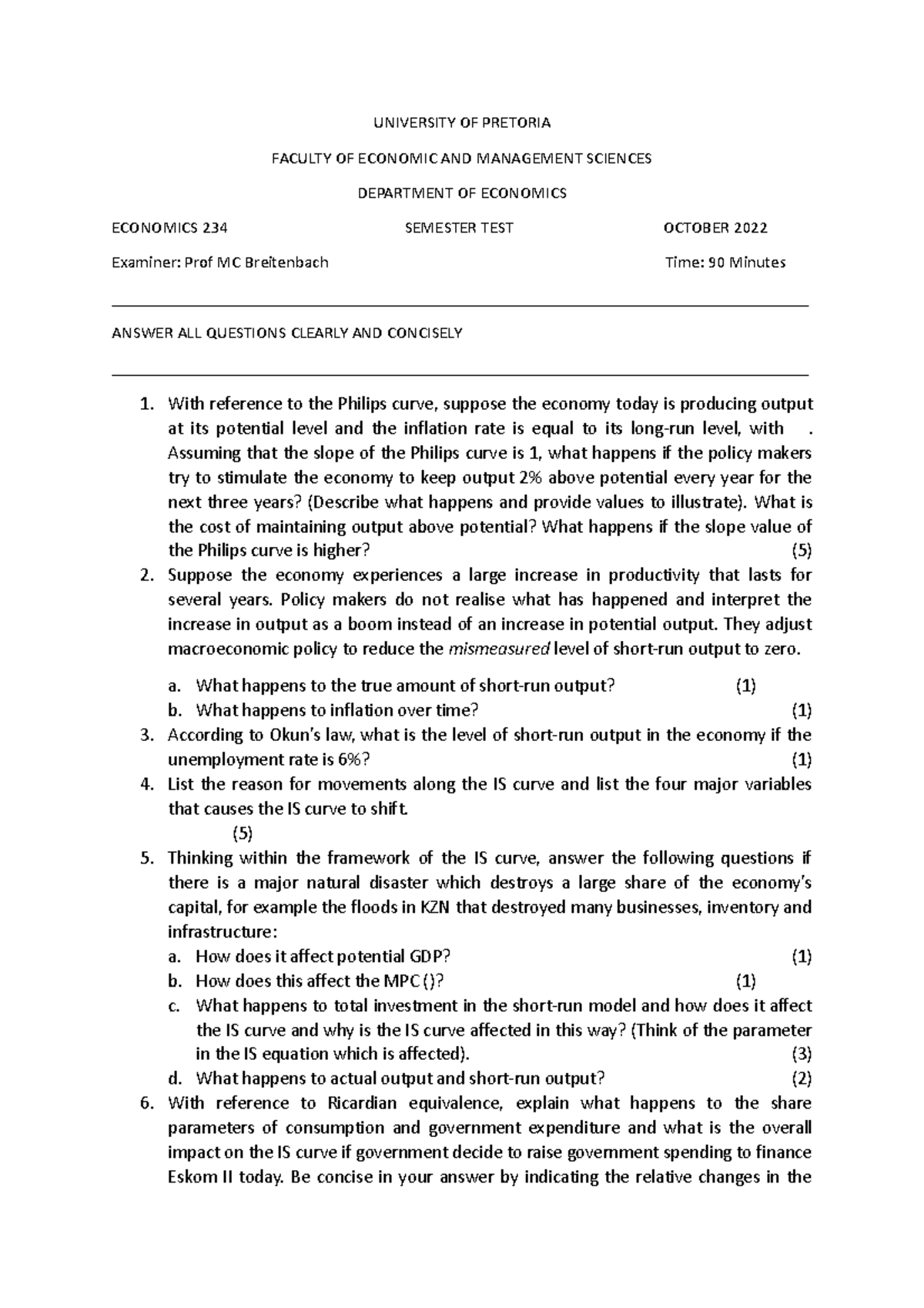 Semester Test 2 - Past paper - UNIVERSITY OF PRETORIA FACULTY OF ...