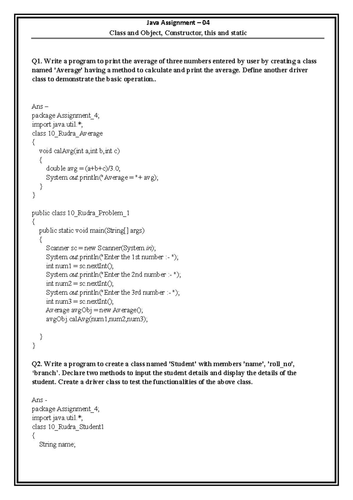 Java Assignment 04: Class, Object, Constructor, and Static Concepts - Studocu