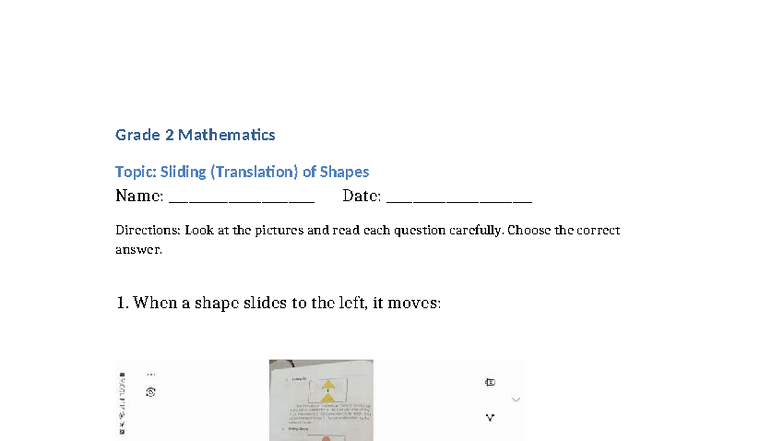 Grade 2 Sliding Shapes Visual Test - Grade 2 Mathematics Topic: Sliding ...