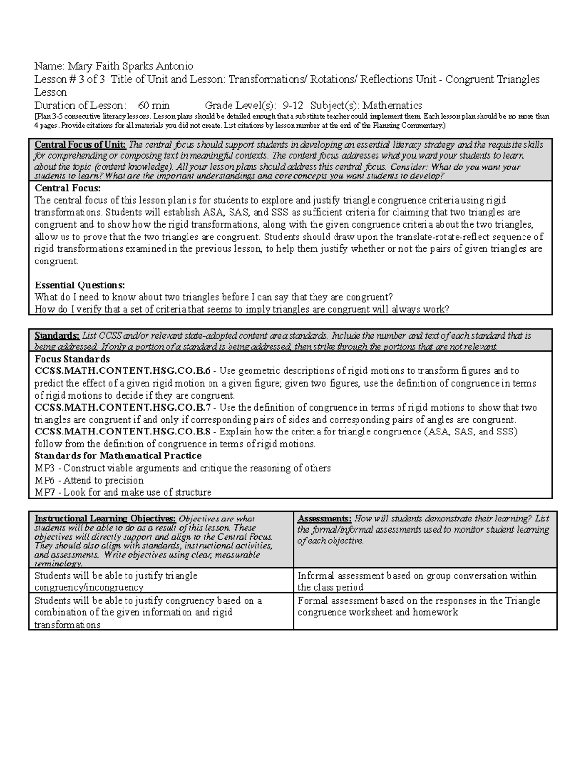 Ed TPA - Geometry Unit - Lesson Plan 3: Triangle Congruence ...