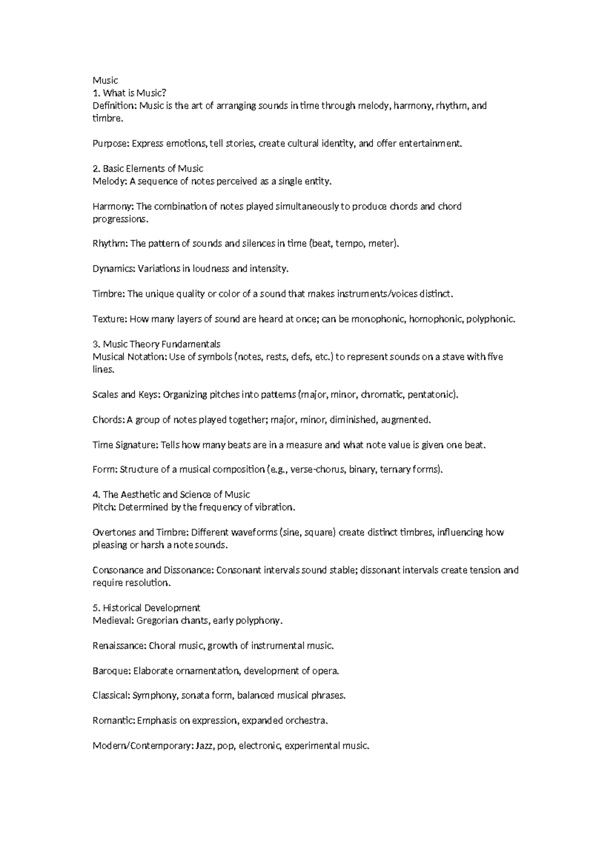 Music 1 - Lecture Notes on Definition, Elements, and Theory - Studocu