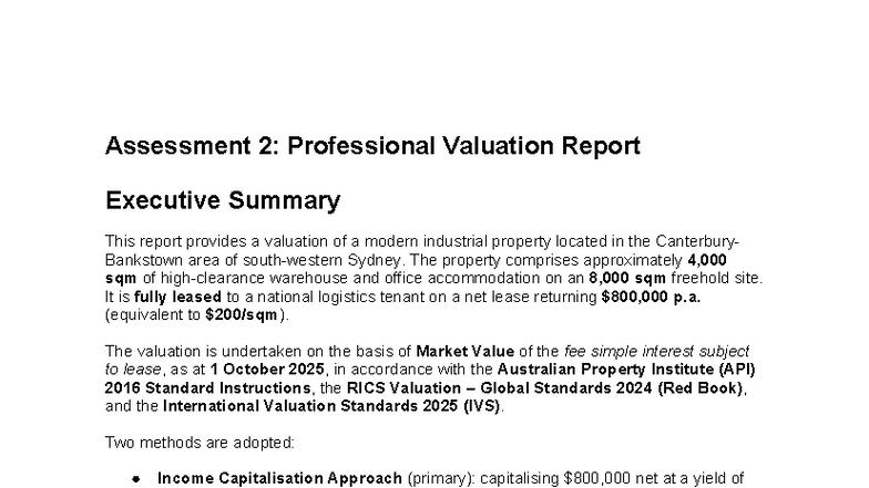 Assessment 2: Executive Summary of Professional Valuation Report - Studocu
