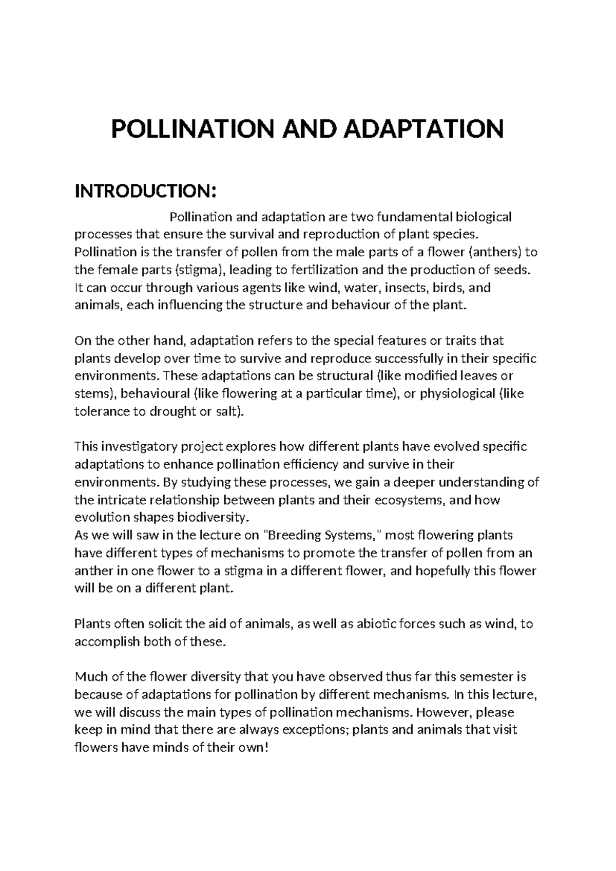 BIOL 101: Investigatory Project on Pollination & Adaptations - Studocu