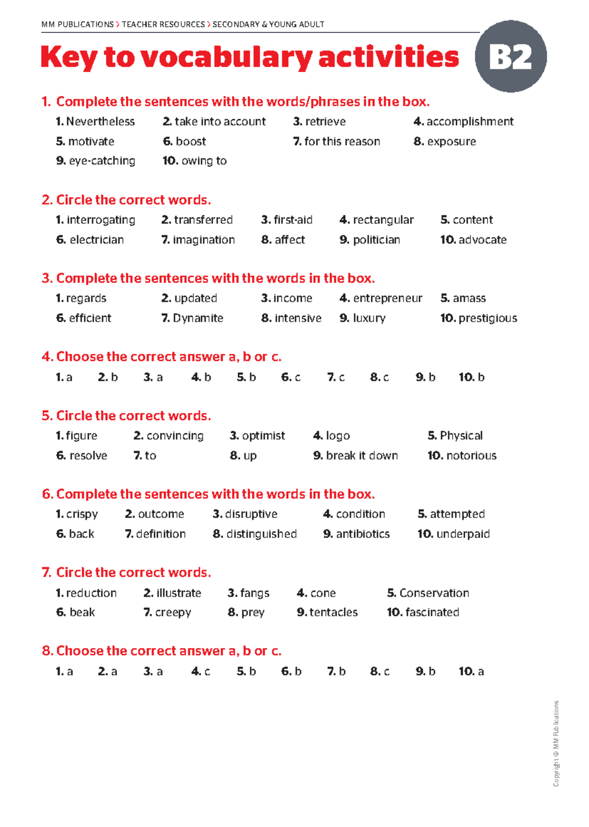 MM PUBLICATIONS B2 Vocabulary Activities Key for Teachers - Studocu