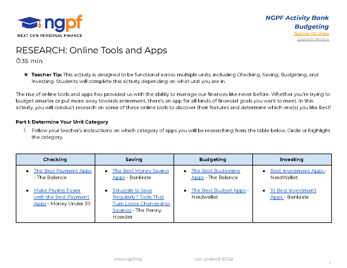 NGPF Research: Exploring Online Financial Tools & Apps for Budgeting ...