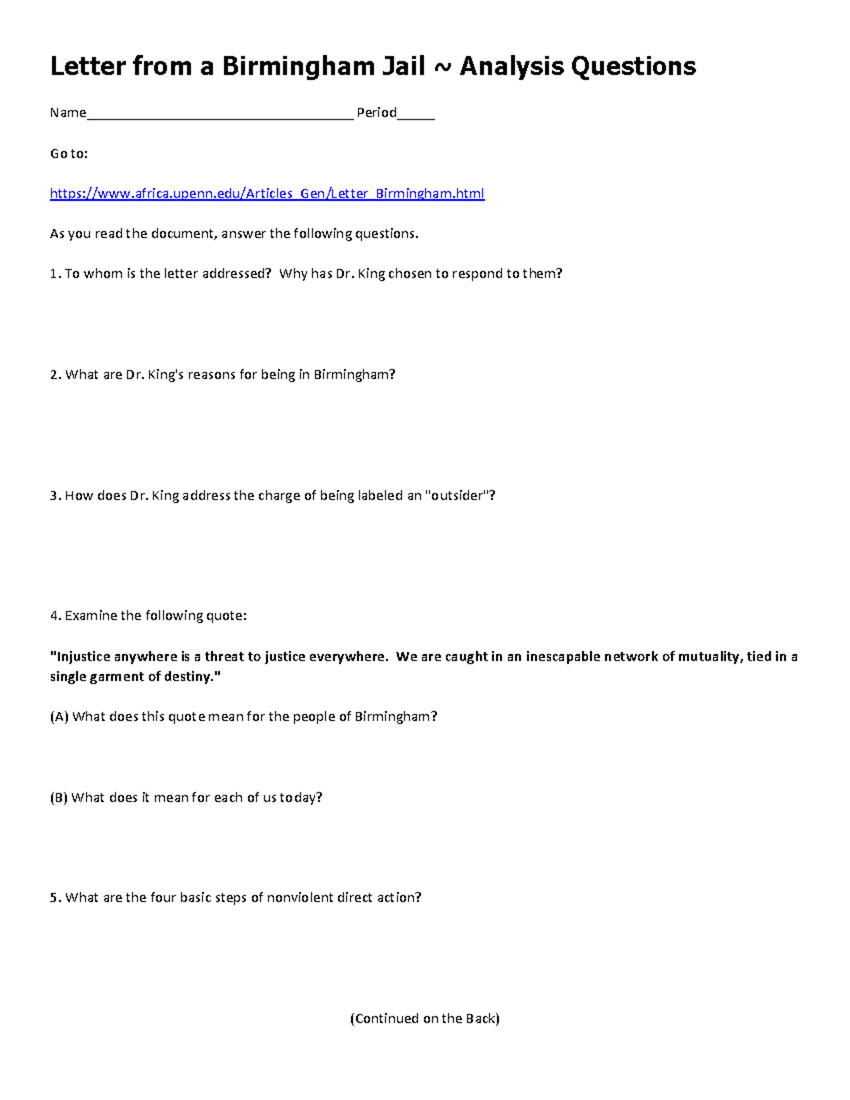 Letter from a Birmingham Jail: Analysis Questions - Studocu