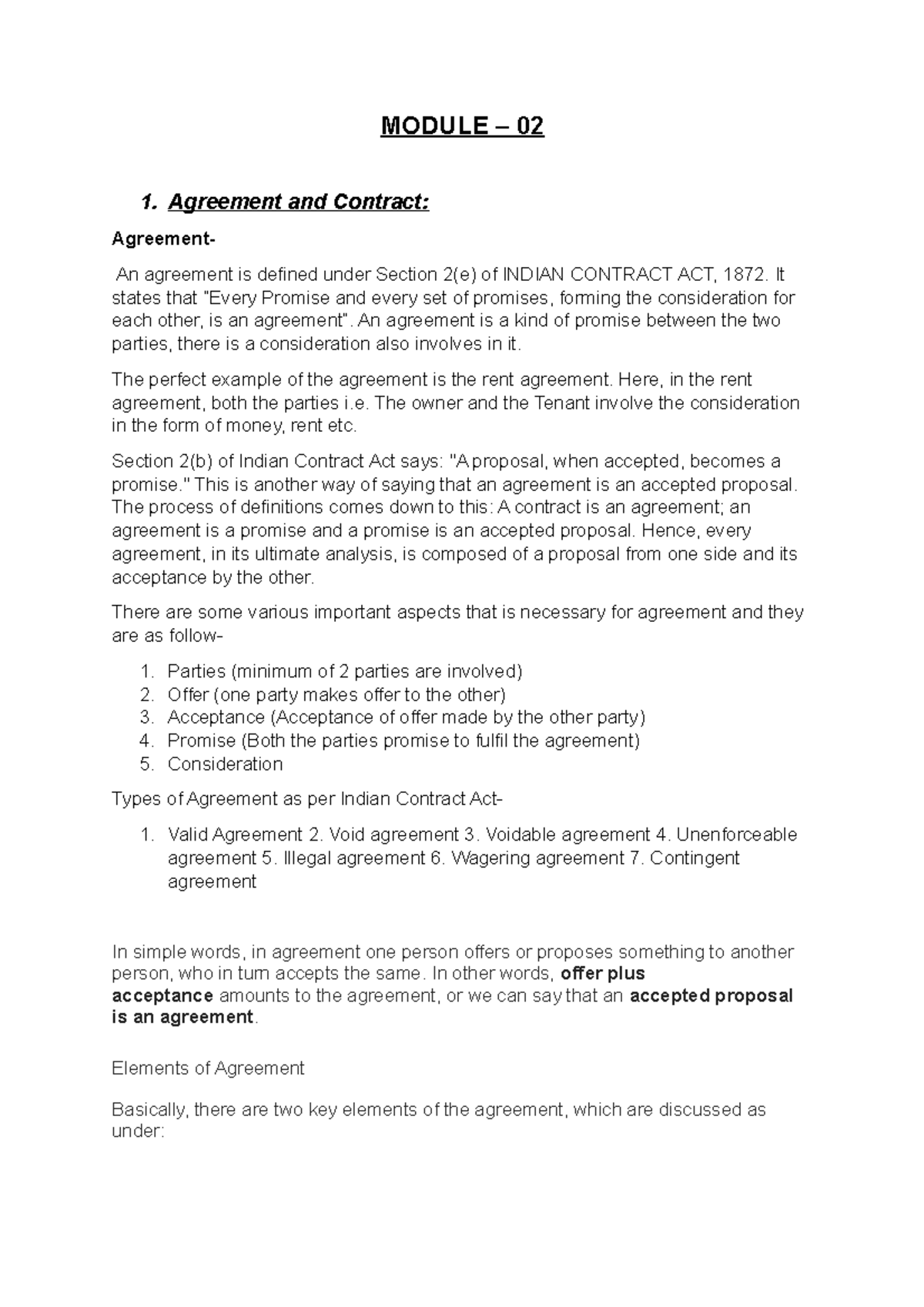 Module 02 - Key Concepts of Agreements and Contracts in Law - Studocu