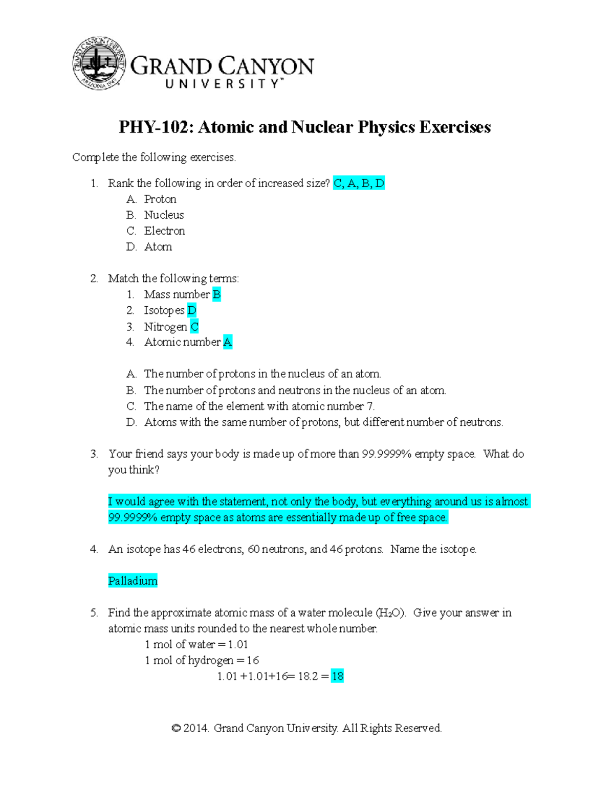 PHY 102 R Atomic and Nuclear Physics Exercise Questions & Answers - Studocu