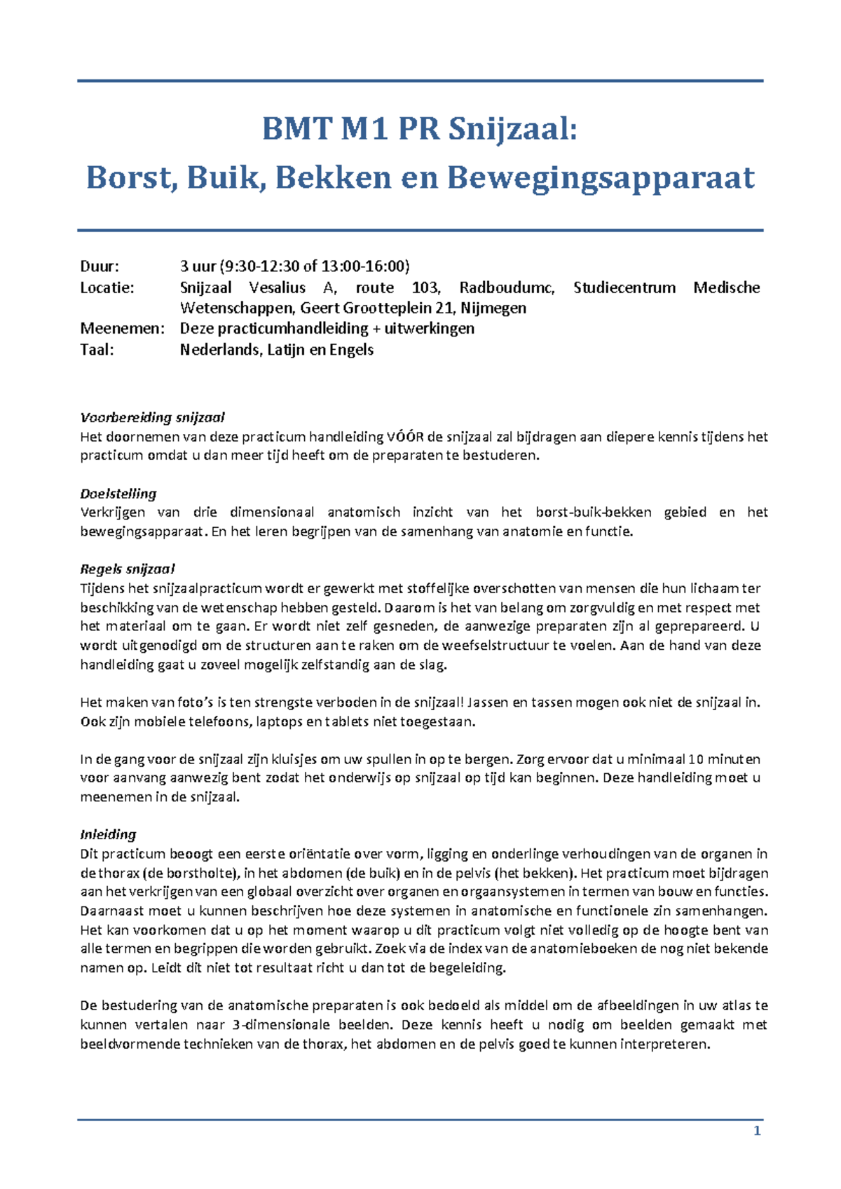 BMT M1 - Practicum Snijzaal: Anatomie van Borst, Buik en Bekken - Studeersnel