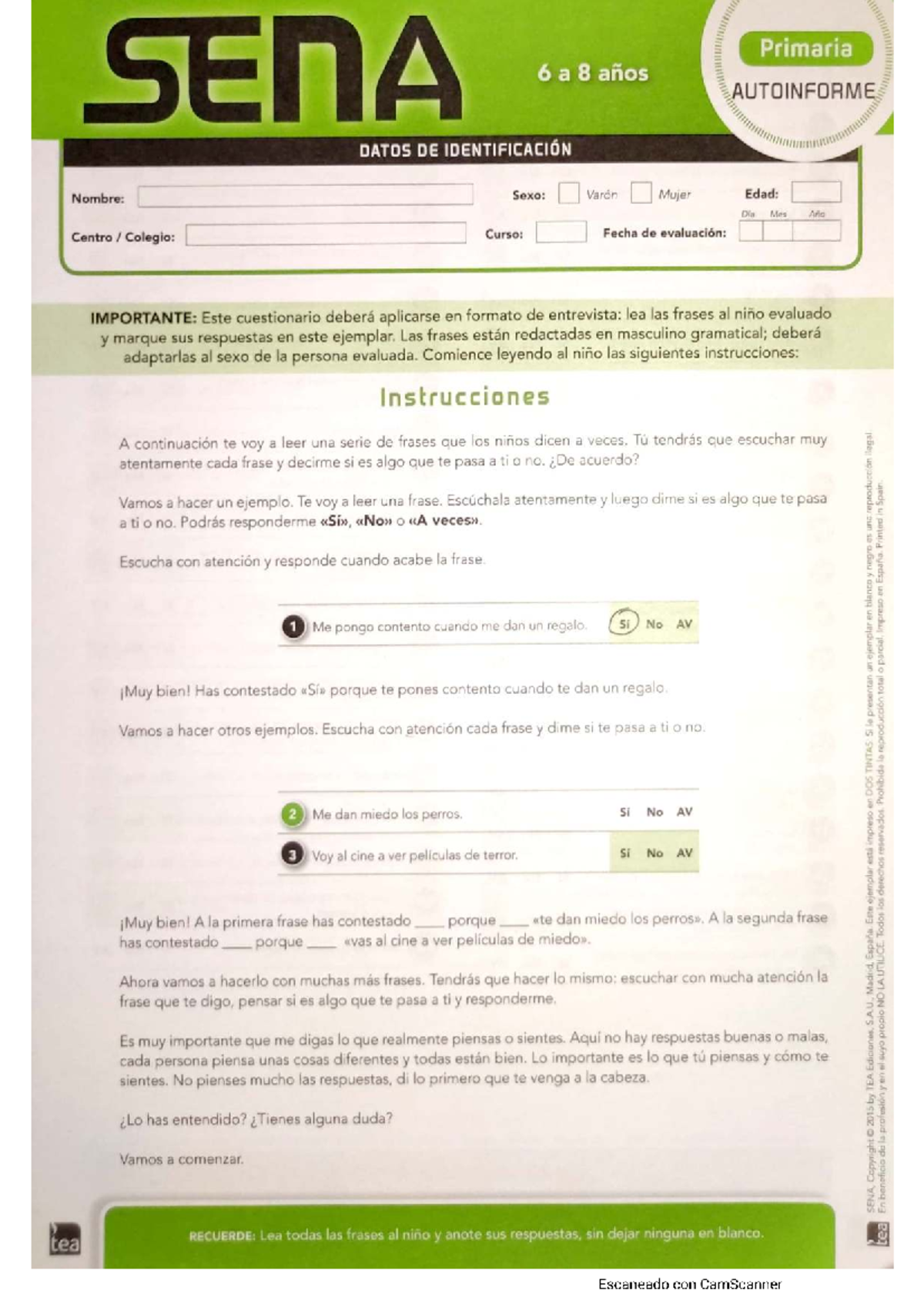 SENA Primaria 6-8 años: Cuestionario de Autoinforme para Niños - Studocu