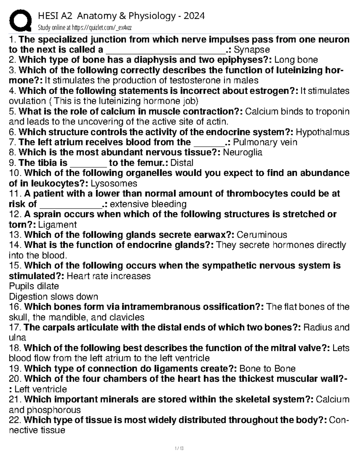 HESI A2 Anatomy & Physiology 2024 Study Guide - Studocu
