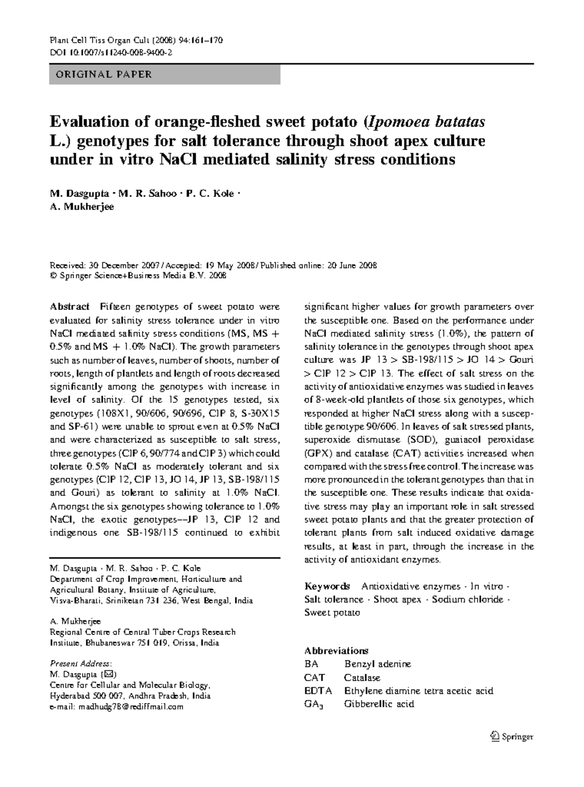 Evaluation of Sweet Potato Genotypes for Salt Tolerance (PCTOC 2008 ...