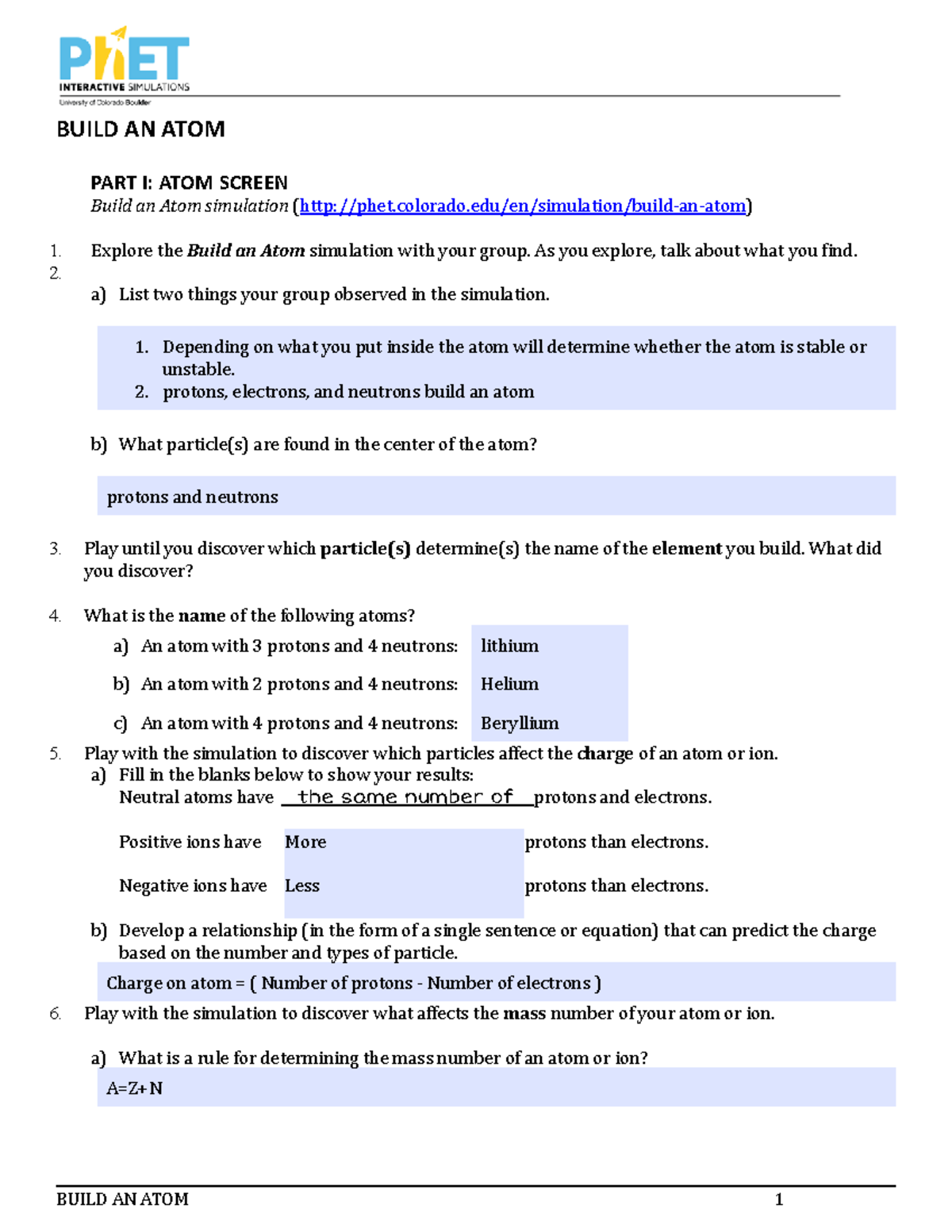 Build an Atom Simulation Guide - PHET 2021 Edition - Studocu