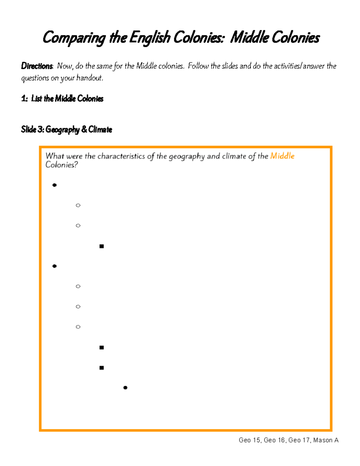 Comparing the English Colonies: Focus on Middle Colonies (Geo 15, Geo ...
